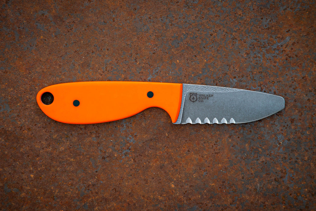 The Guardian River Knife – Blunt Tip, Serrated Edge, Orange G10