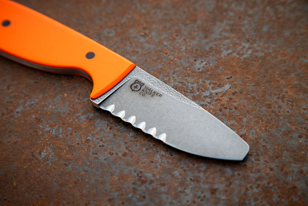 The Guardian River Knife – Blunt Tip, Serrated Edge, Orange G10